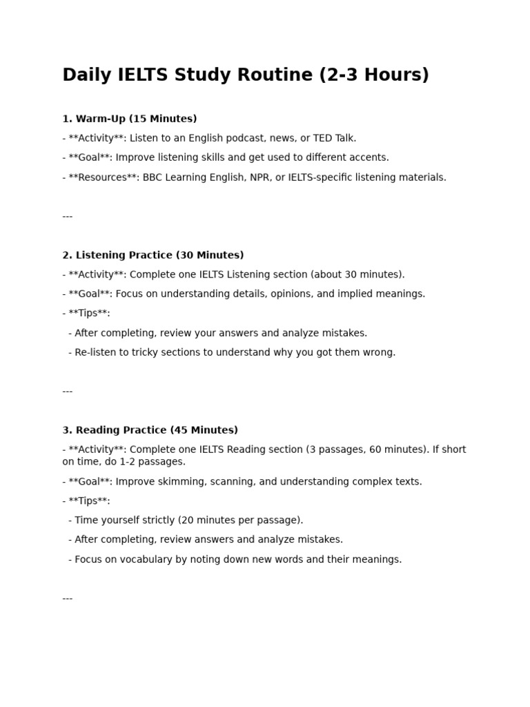 Daily IELTS Study Routine | PDF | Vocabulary | International English ...