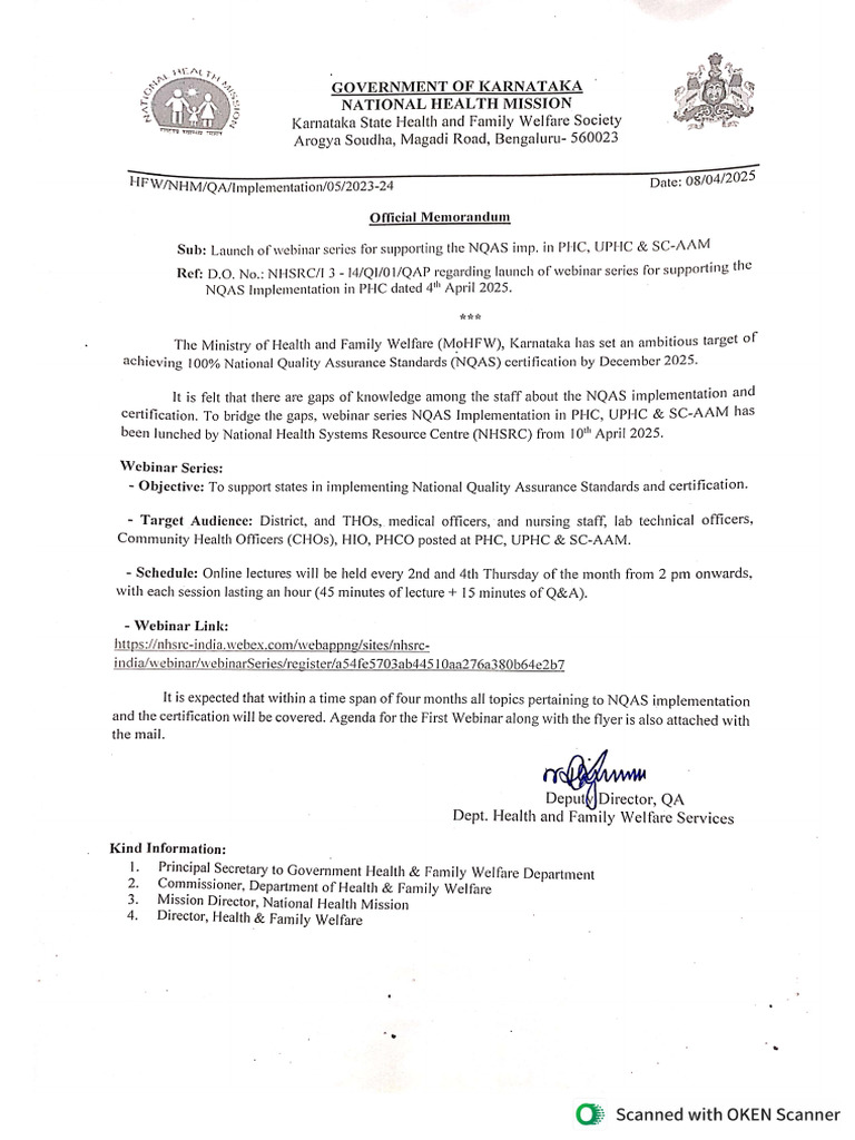 OM For Webinar Series On NQAS Imp and Certification | PDF