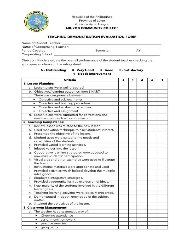 Teaching Demonstration Rubric 1 | PDF | Teachers | Learning