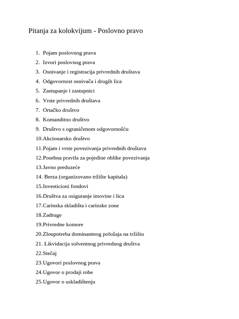 1458_pitanja Za Kolokvijum - Poslovno Pravo (1) | PDF