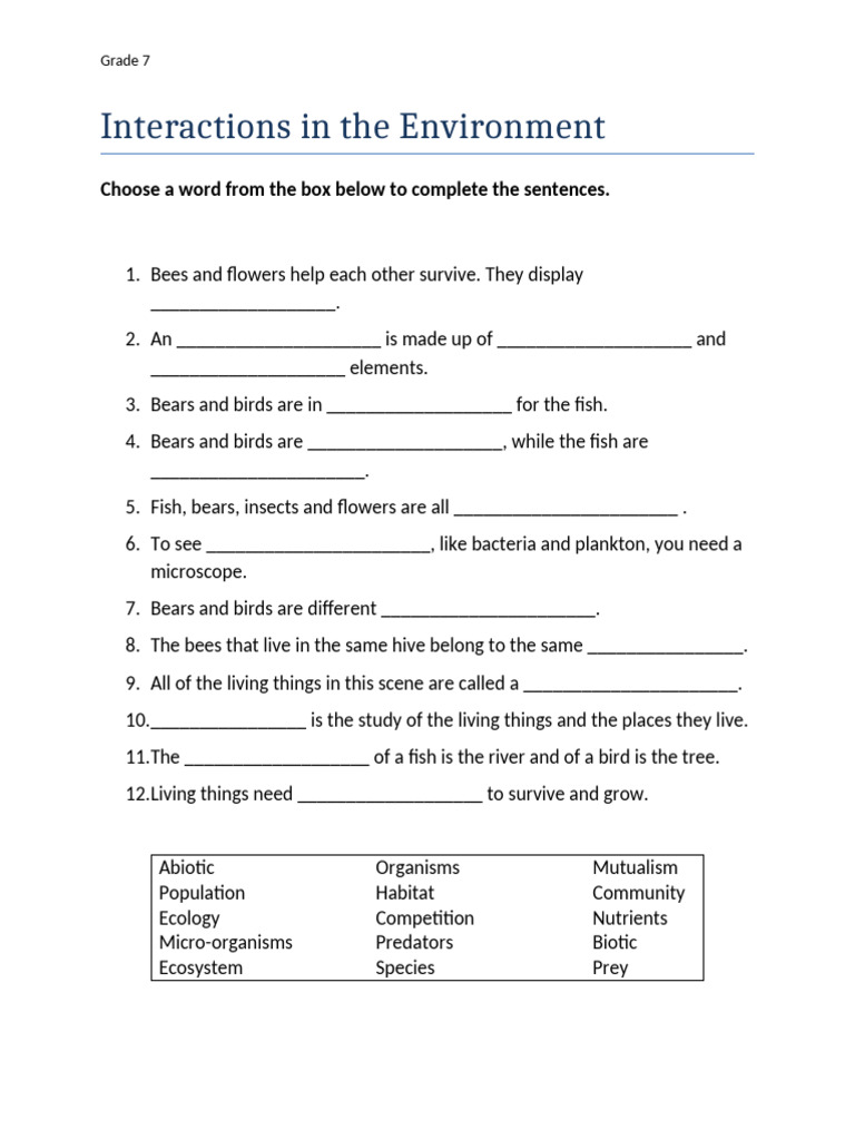 Interactions in the Environment Vocabulary in Sentences[1] | PDF ...