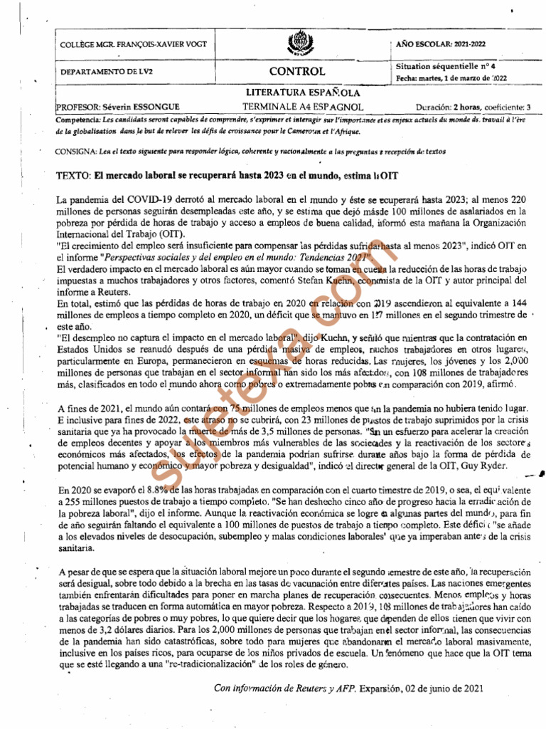 TleA4 Espagnol 4e Seq Col.F.X.vogt 2021!2022 | PDF | Empleo | Pobreza