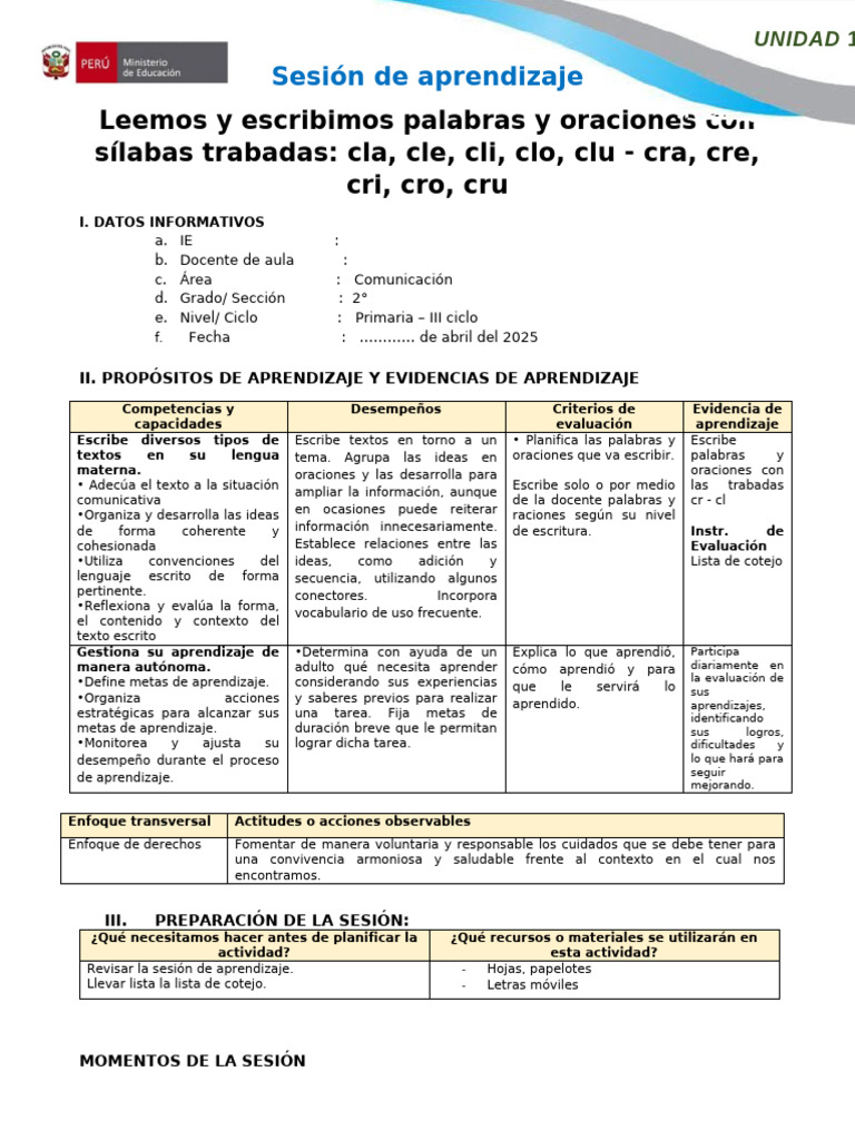 Comunicación_Leemos y Escribimos Palabras y Oraciones Con Sílabas ...