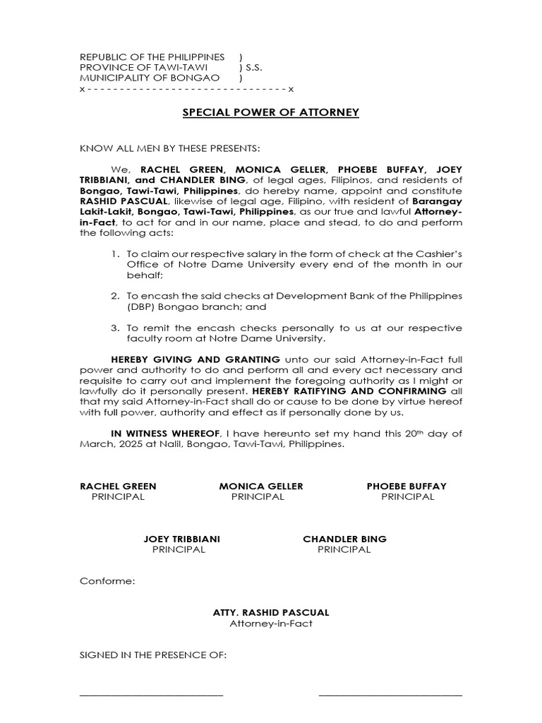 SAMPLE SPECIAL POWER OF ATTORNEY | PDF | Common Law