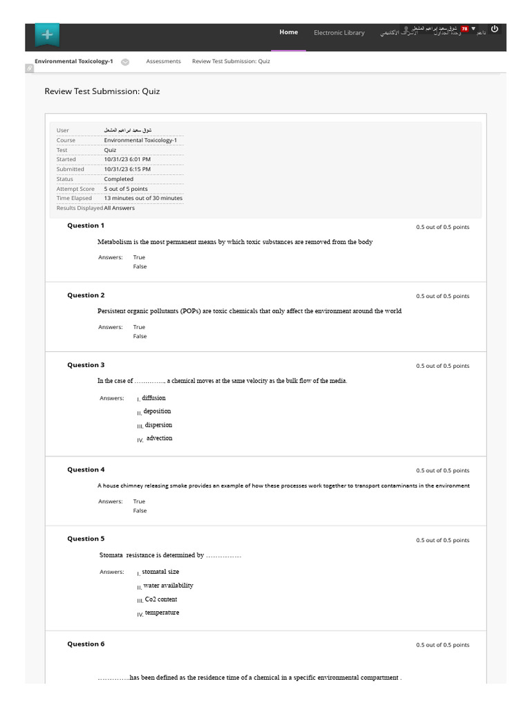Review Test Submission - Quiz - Environmental Toxicology-1 | PDF ...