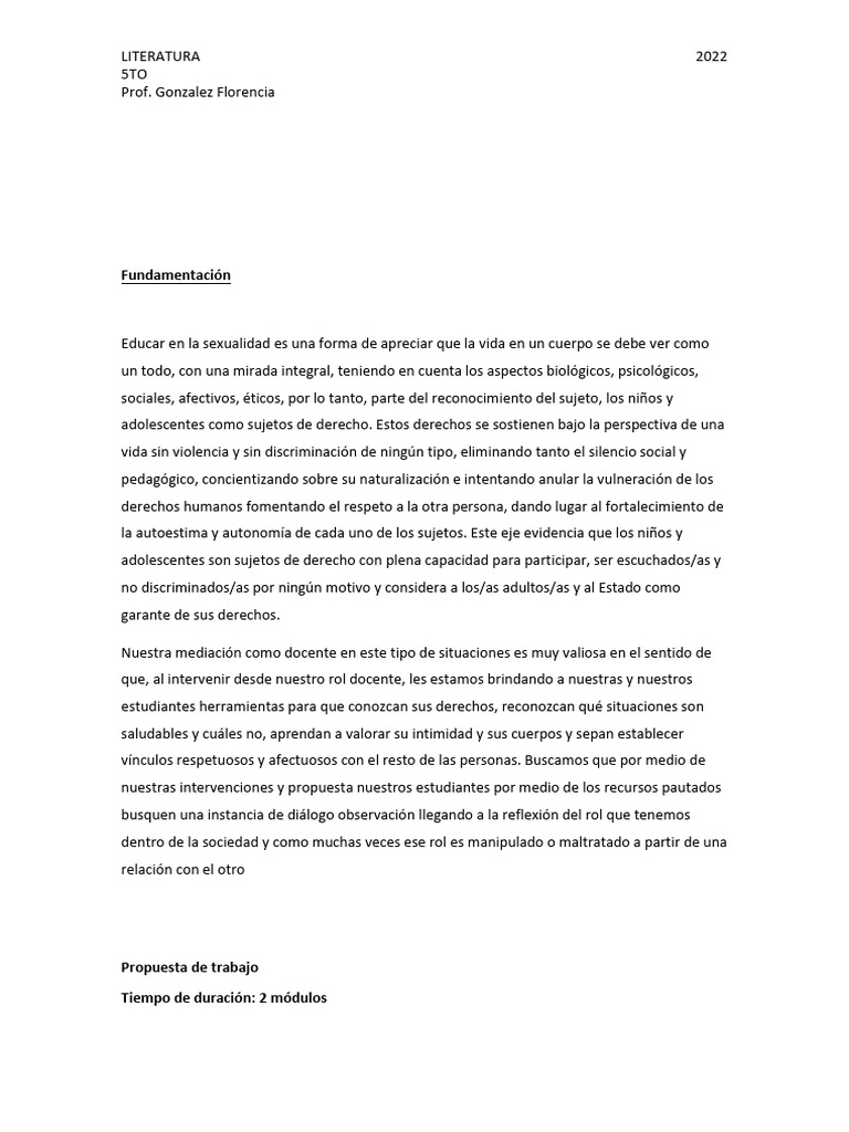 Propuesta ESI 5TO LITERATURA | PDF | La sexualidad humana