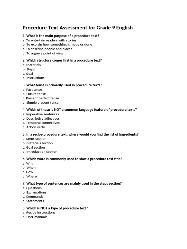 Procedure Text Assessment For Grade 9 English | PDF | Grammatical Tense ...