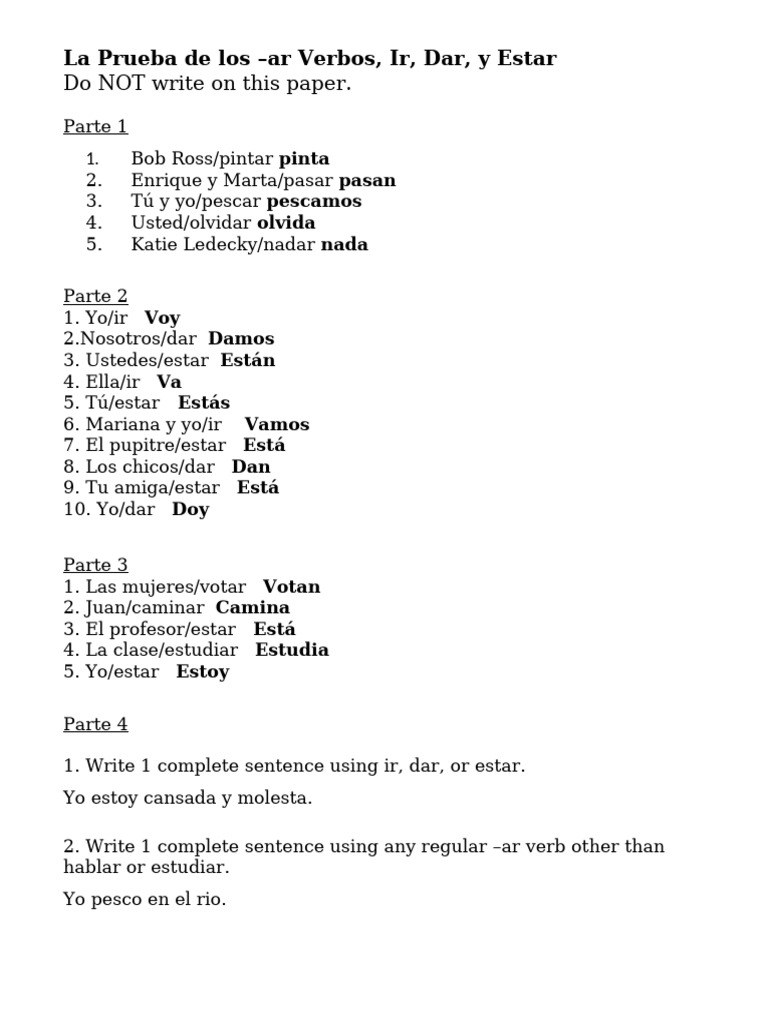 Ar Ir Dar Estar Verb Quiz-2 | PDF