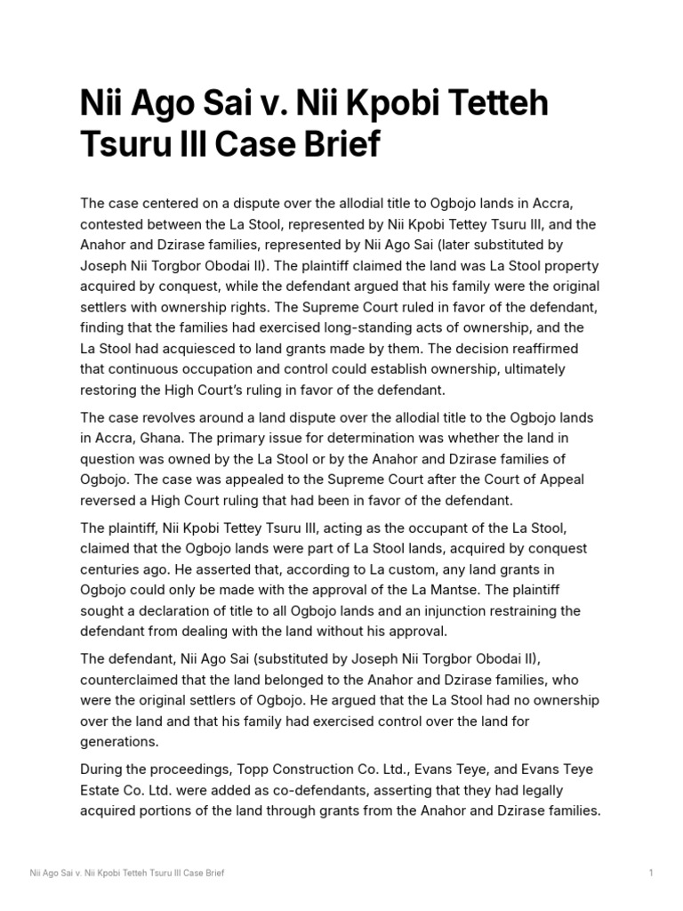 Nii Ago Sai v. Nii Kpobi Tetteh Tsuru III Case Brief | PDF | Supreme ...