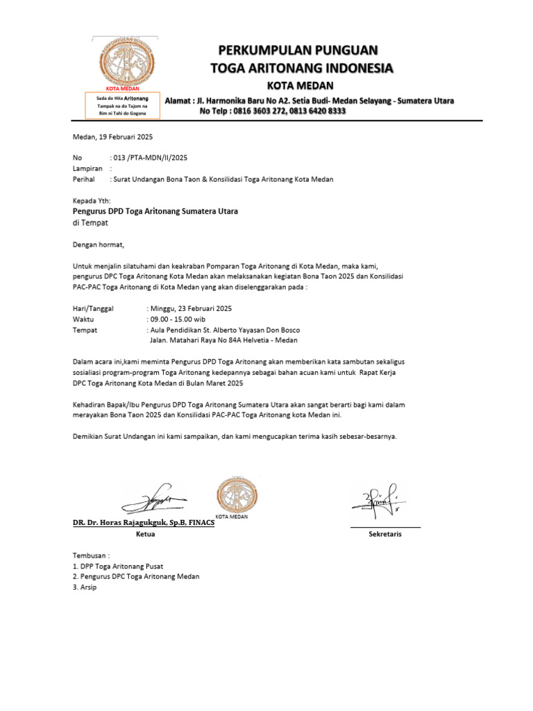 Surat Undangan Bona Taon 2025 dan Konsilidasi PAC TA Kota Medan | PDF