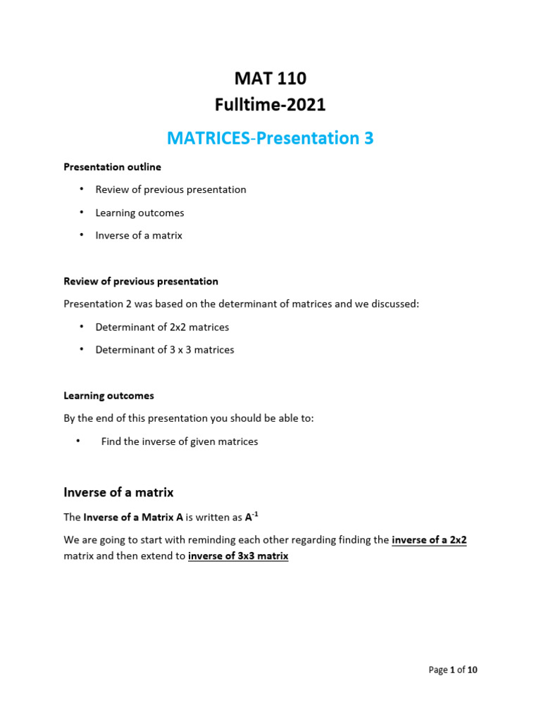 MAT 110 Matrices Presentation 3 | PDF | Determinant | Matrix (Mathematics)