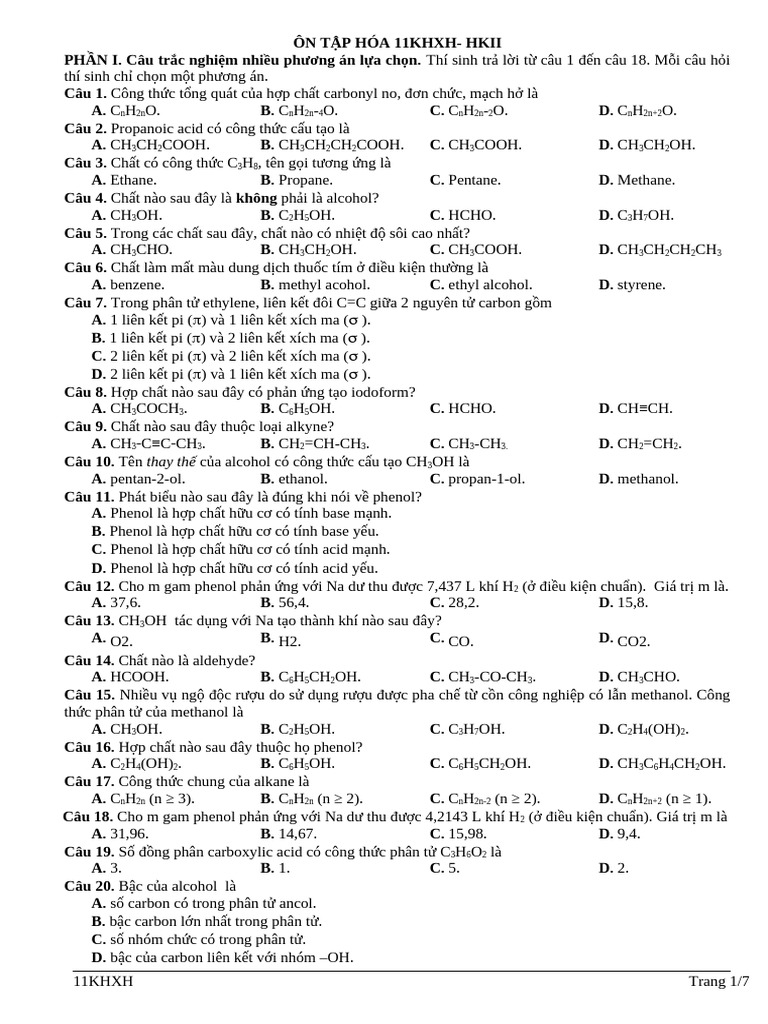 Hoa - Hkii - Quan12 - Lop11khxh - de On - File HS | PDF