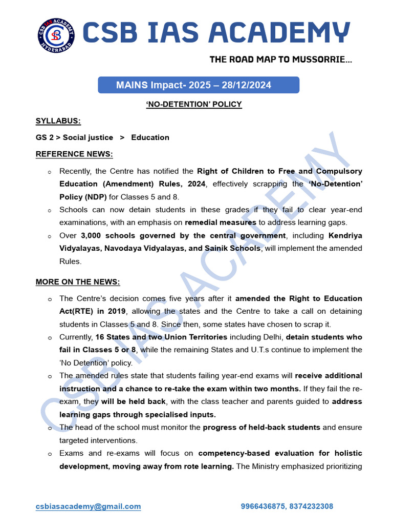 CSB IAS iMPACT MAINS - 2025 (28-12-2024) | PDF | Teachers | Policy