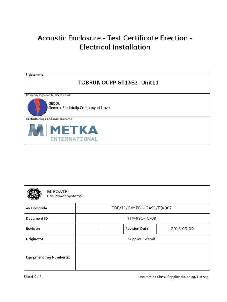 TOB_11_G_MPB---GA91_TQ_007--_EN-Acoustic Enclosureest Certificate Erection - Electrical ...