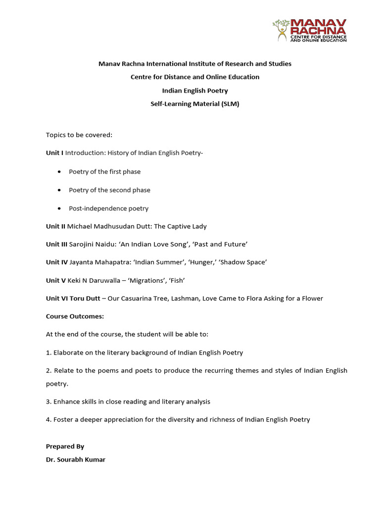 SLM Indian English Poetry All Units | PDF | Poetry | English Poetry