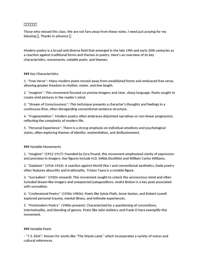 Some Important Points in Modern Poems | PDF | Poetry | Modernism