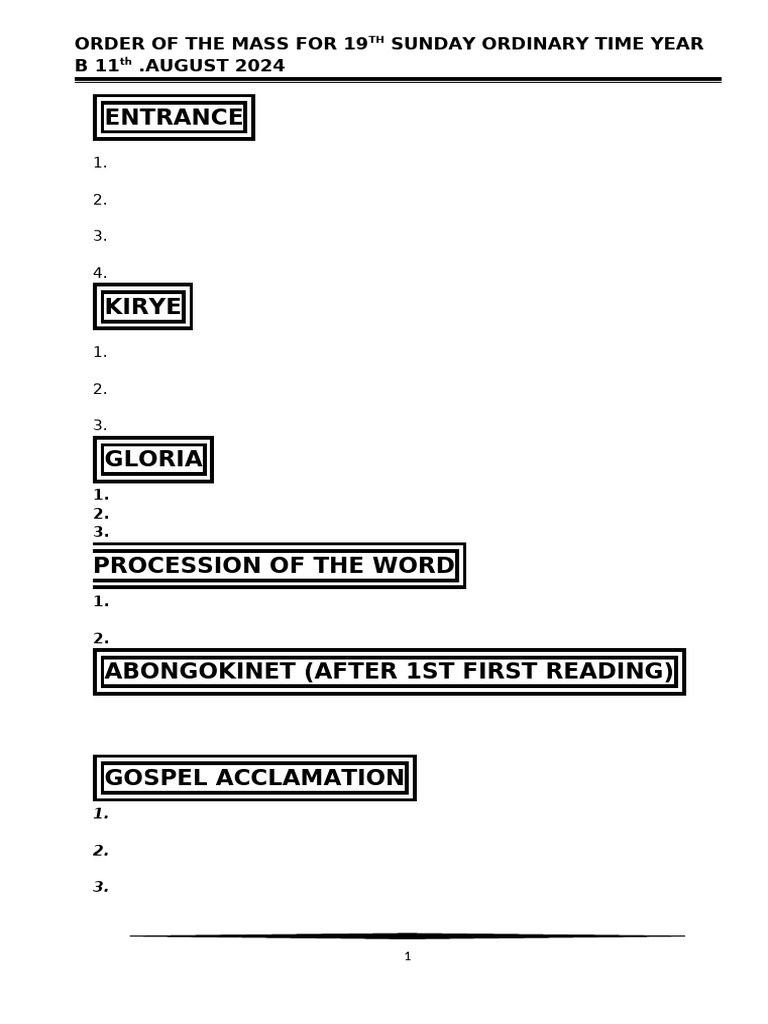 ORDER OF THE MASS FOR 19TH SUNDAY ORDINARY TIME YEAR B 11th | PDF