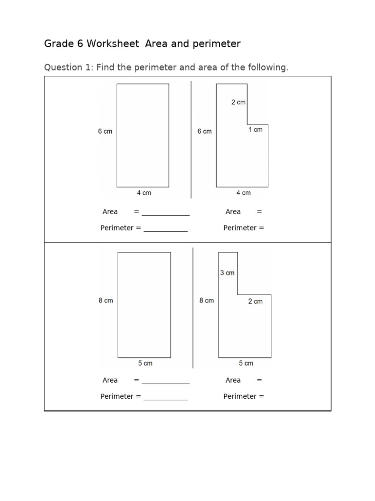 Grade-6-Worksheet - Area-And-Perimeter For Practise | PDF