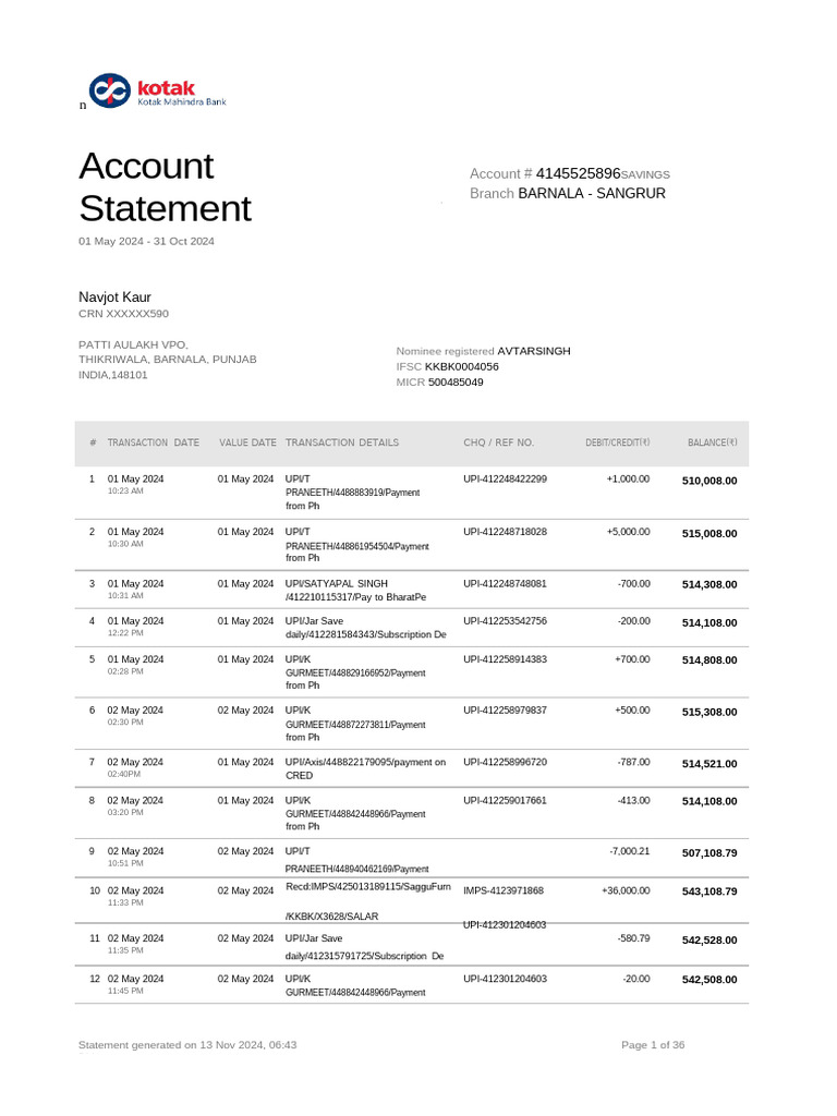 Savings Account Statement May-Oct 2024 | PDF | Debits And Credits | Money