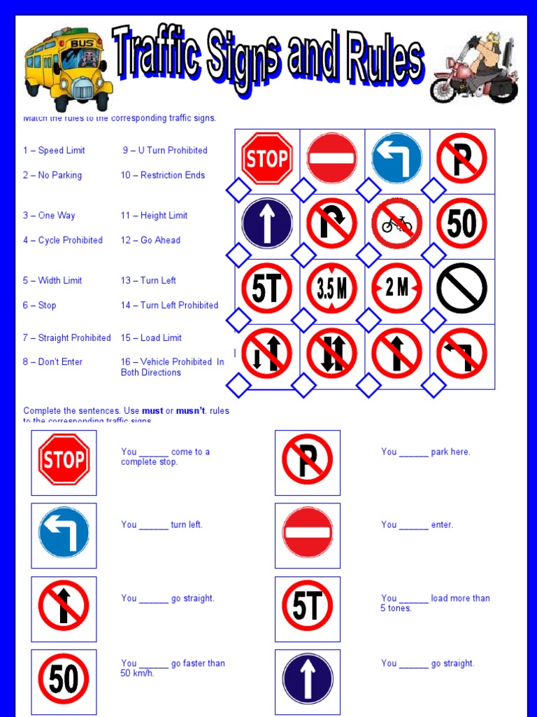 Must and Mustn't Traffic Signs Worksheet | PDF