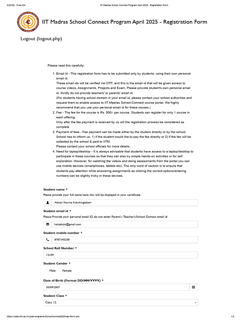 IIT Madras School Connect Program April 2025 - Registration Form | PDF ...