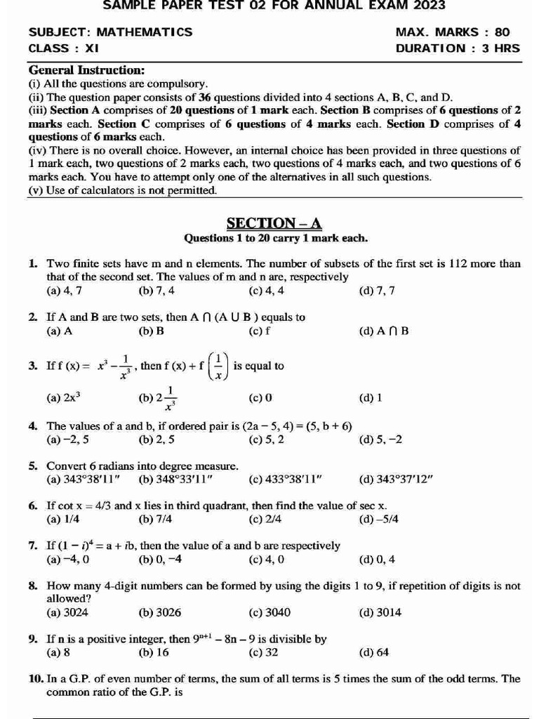 Maths Revision Class 11th Paper | PDF