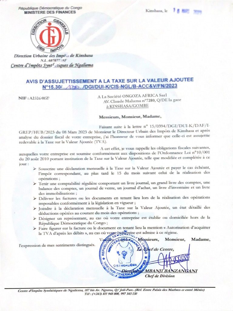 Avis D'assujetissement Tva Ongonza | PDF