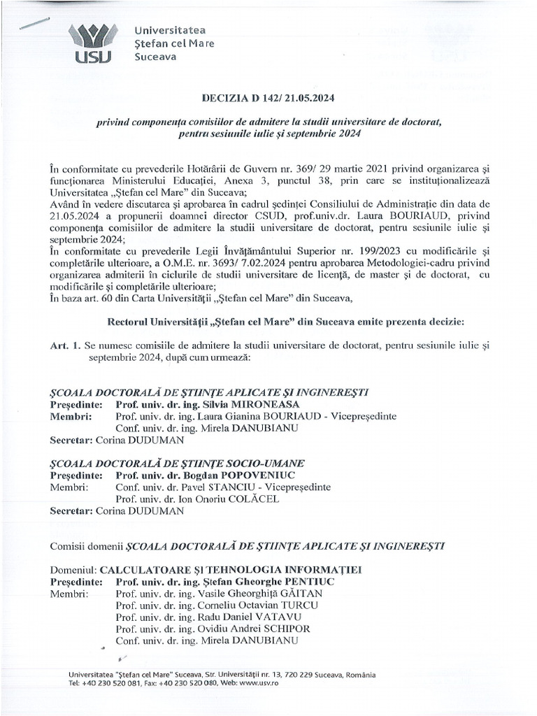 Comisii Admitere Doctorat 2024 | PDF