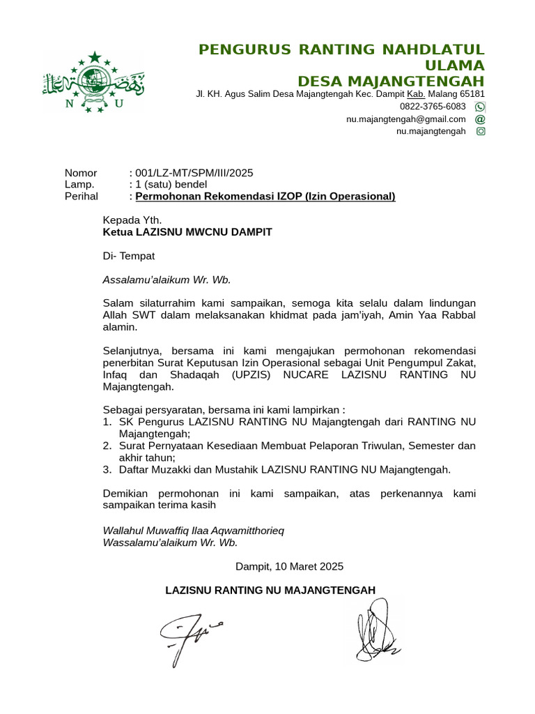 Surat Permohonan Rekom IZOP LAZISNU RANTING kepada LAZISNU MWCNU[1] | PDF