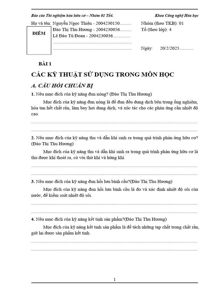 Nhóm 04 - Báo Cáo TN HHC - Bài 1 | PDF