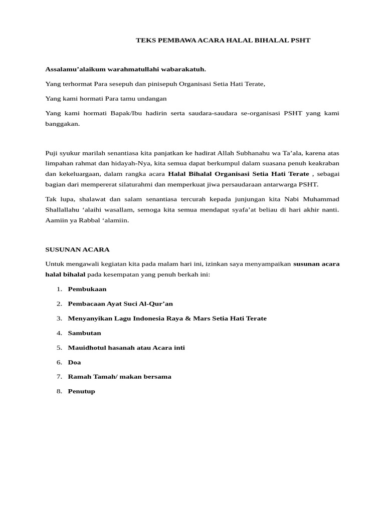 Teks Pembawa Acara Halal Bihalal PSHT | PDF