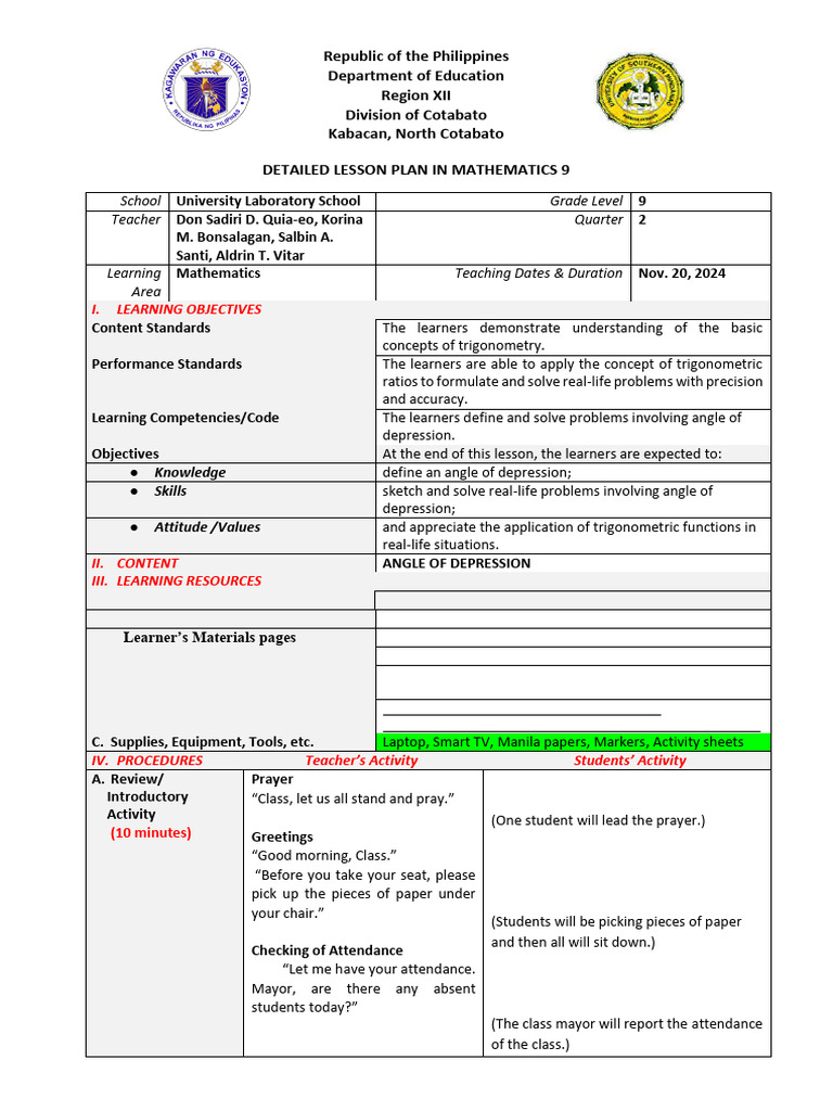 (Revised) Angle of Depression DLP | PDF | Trigonometric Functions | Elementary Geometry