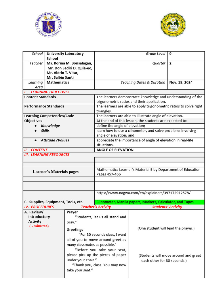 (Revised) Angle-of-Elevation-DLP | PDF | Trigonometric Functions | Learning