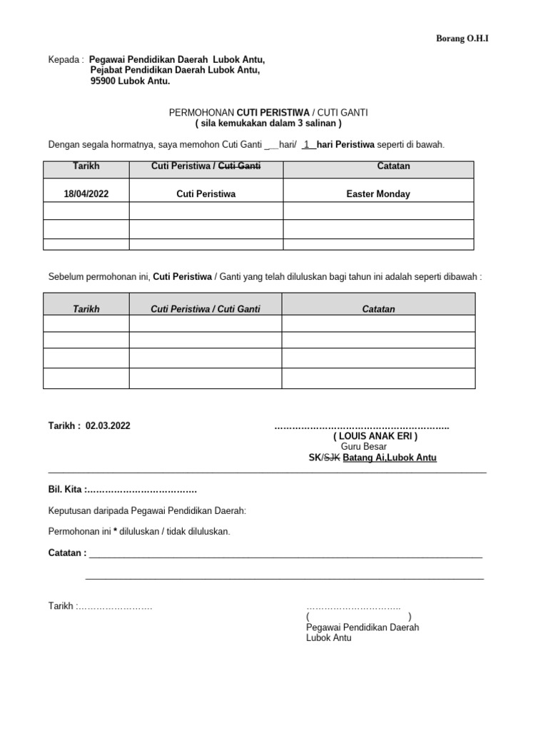 borang O.H.I (Cuti Peristiwa @ Ganti) sk batang ai-2022 | PDF