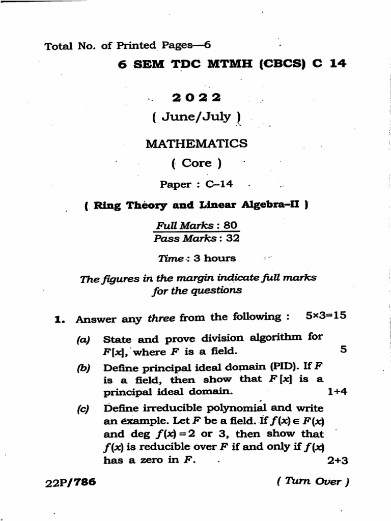 Mathematics 2022 6 Sem Paper C 14 | PDF | Factorization | Vector Space