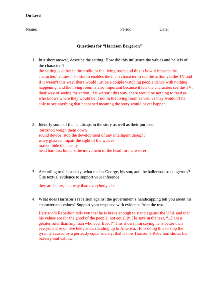 Noah Vaughn-Bjerke - OL - "Harrison Bergeron" Questions (For Canvas ...
