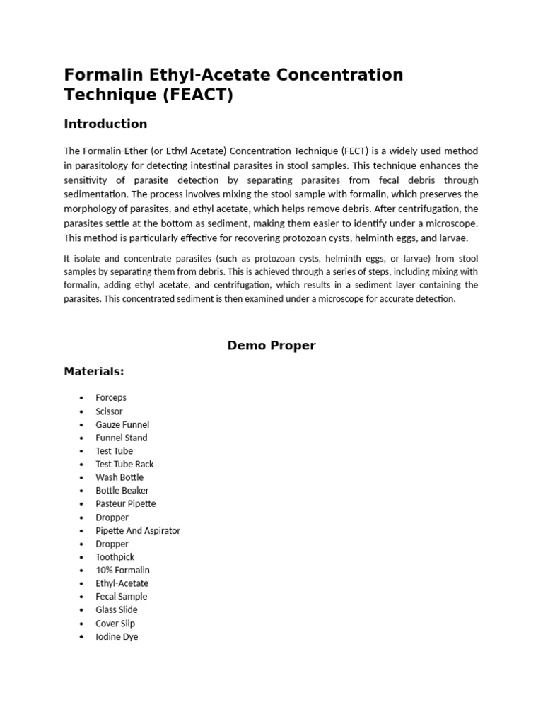 Formalin Ethyl-Acetate Concentration Technique (FEACT) | PDF | Fixation ...