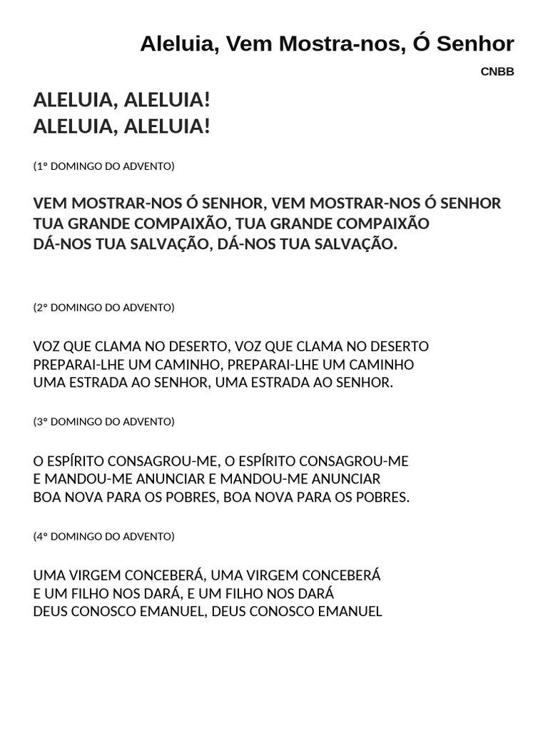 Letra Aleluia, Vem Mostra-Nos, O Senhor CNBB 2024 | PDF