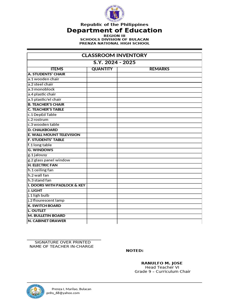 Classroom Inventory | PDF