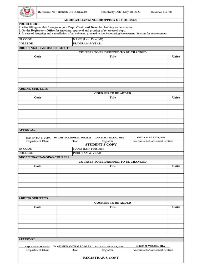 1 Adding Changing Dropping of Courses Form | PDF