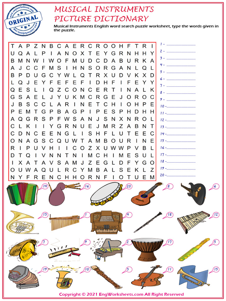 Musical Instruments English Word Search Puzzle Worksheet Type The Words ...
