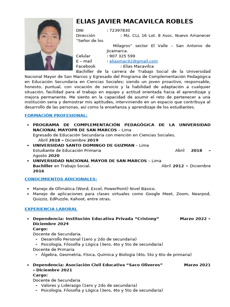 Curriculum Elias Javier Macavilca Robles | PDF | Educación Secundaria | Maestros