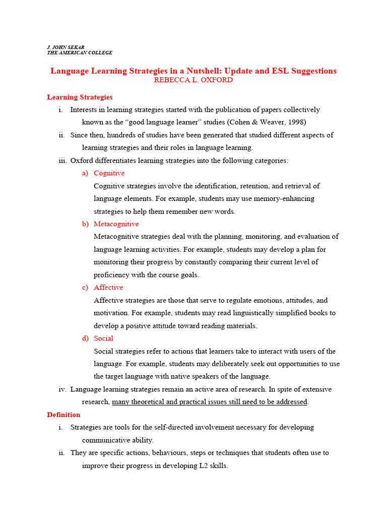Language Learning Strategies | PDF | Learning | Metacognition