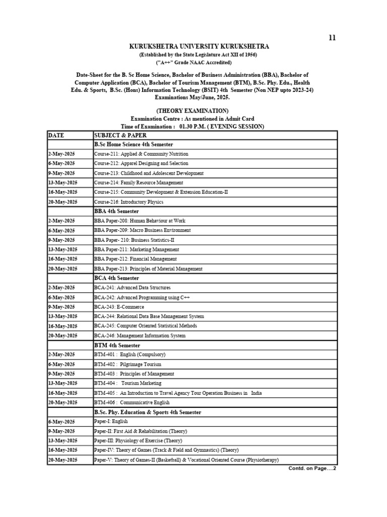 11 B.sc . Home Science BBA BCA BTM B.sc . Phy. Edu. Health Edu Sports BSIT 4th Semester Non NEP ...