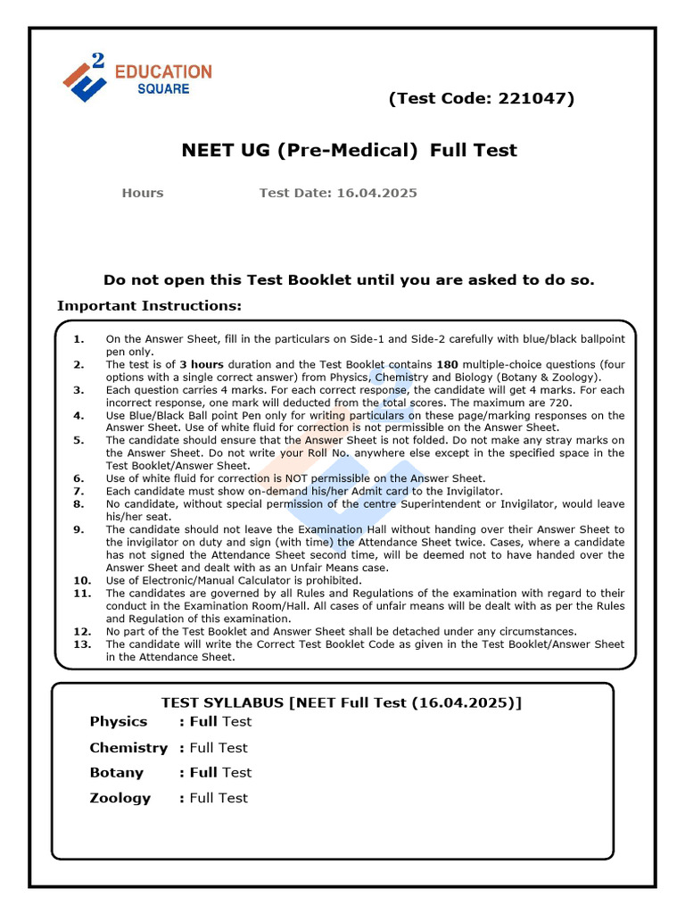NEET Full TEST 30 (16.04.2025) Final | PDF | Acceleration