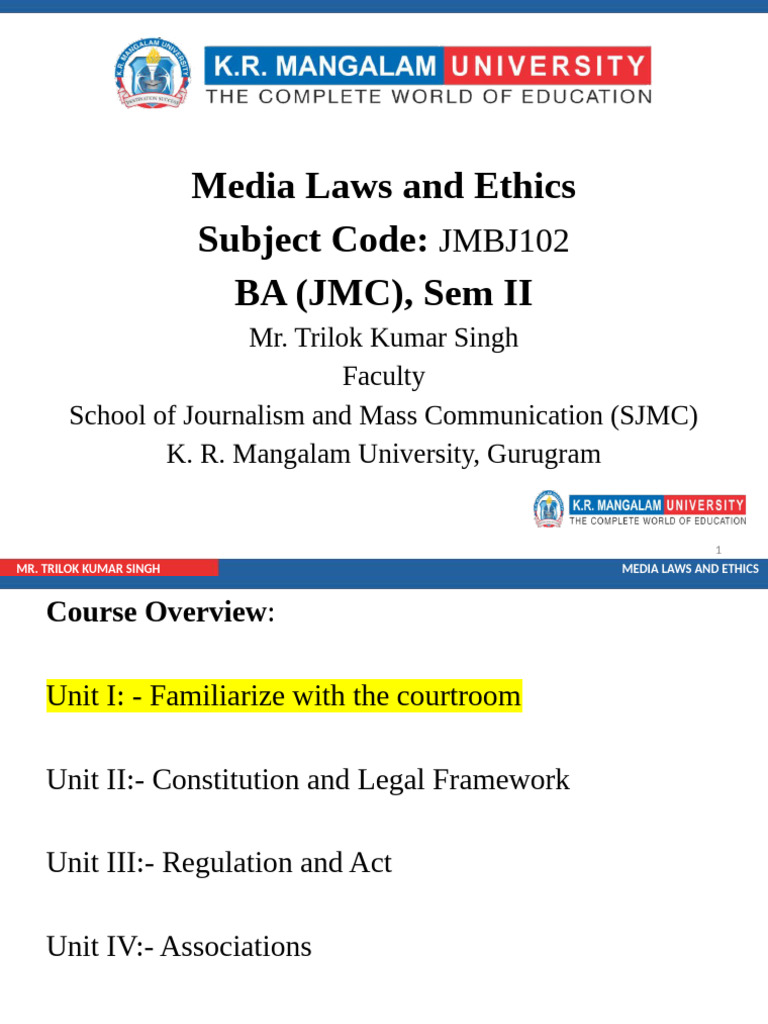 Course-Packet TrilokSingh MLE JMBJ102 Session2-1-1 | PDF | Freedom Of The Press | Justice