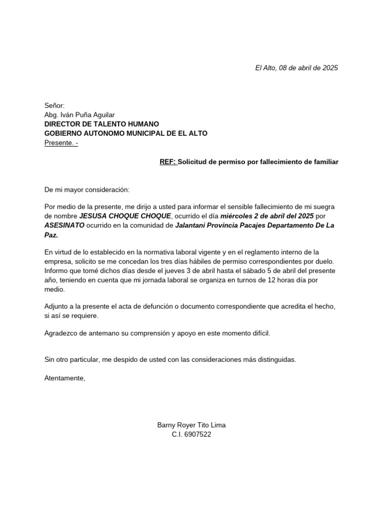Carta De Solicitud Por Fallecimiento Pdf