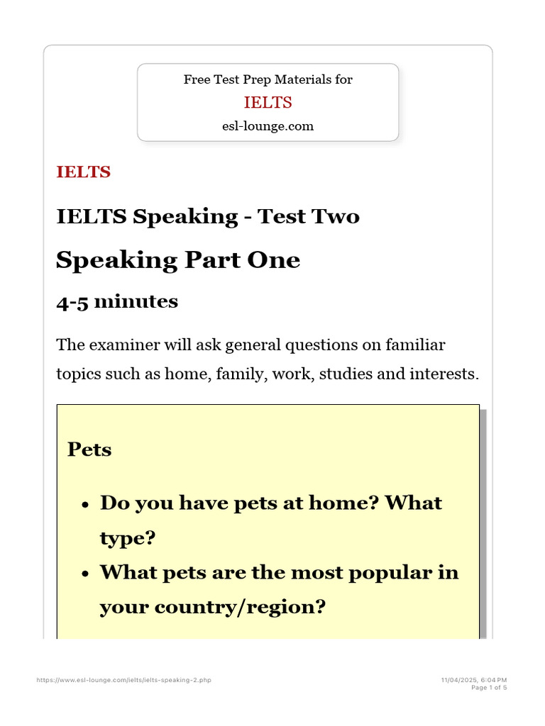 IELTS Speaking Test Sample Questions | PDF | International English ...