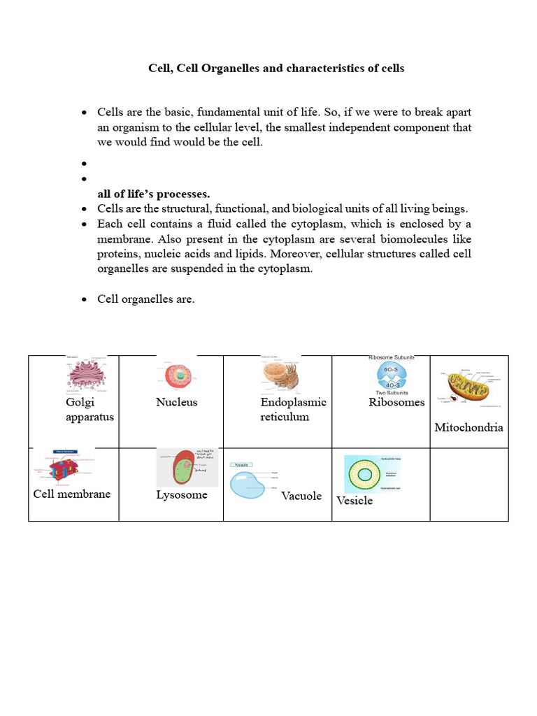 Characteristics of Cells and Organelles | PDF | Cell (Biology) | Organelle