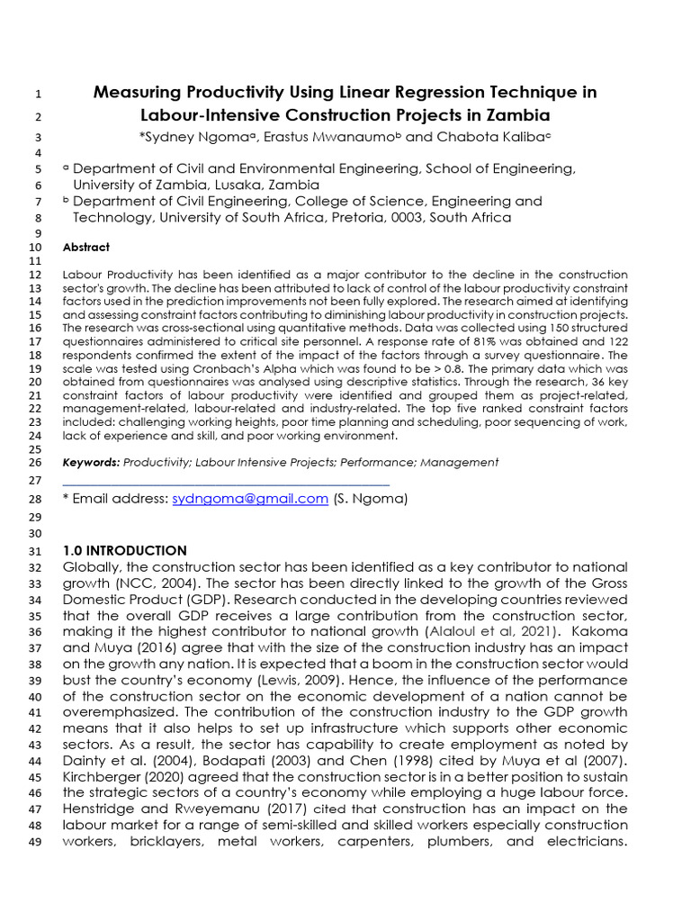 Measuring Productivity Using Linear Regression Technique in Labour-Intensive Construction ...